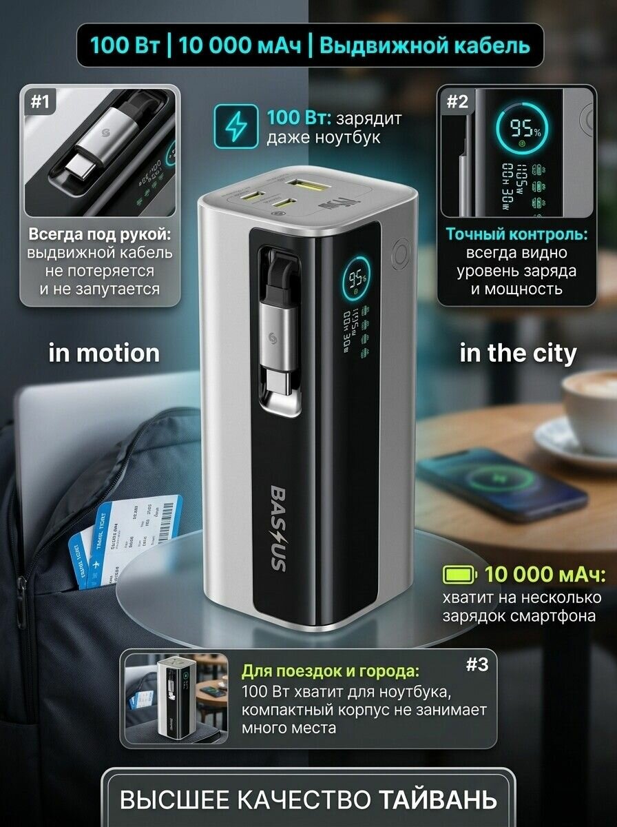 Внешний аккумулятор Power Bank Energeek GR11 10000 mAh 100w/Выдвижной кабель Type-C/Серебряный