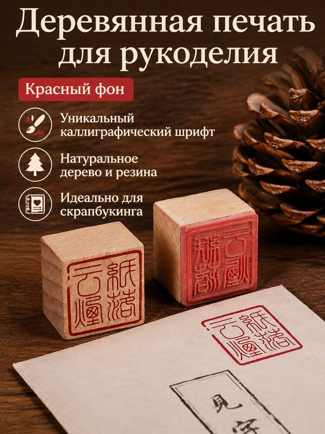 Печать для скрапбукинга ручная деревянная с резиновой насадкой: "Чжи ло юнь янь" на красном фоне