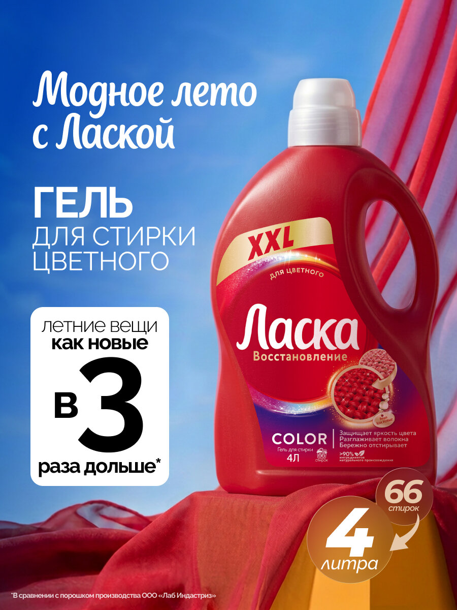 Гель для стирки Ласка Восстановление COLOR для цветного, 4л (66 стирок), жидкое средство для стирки