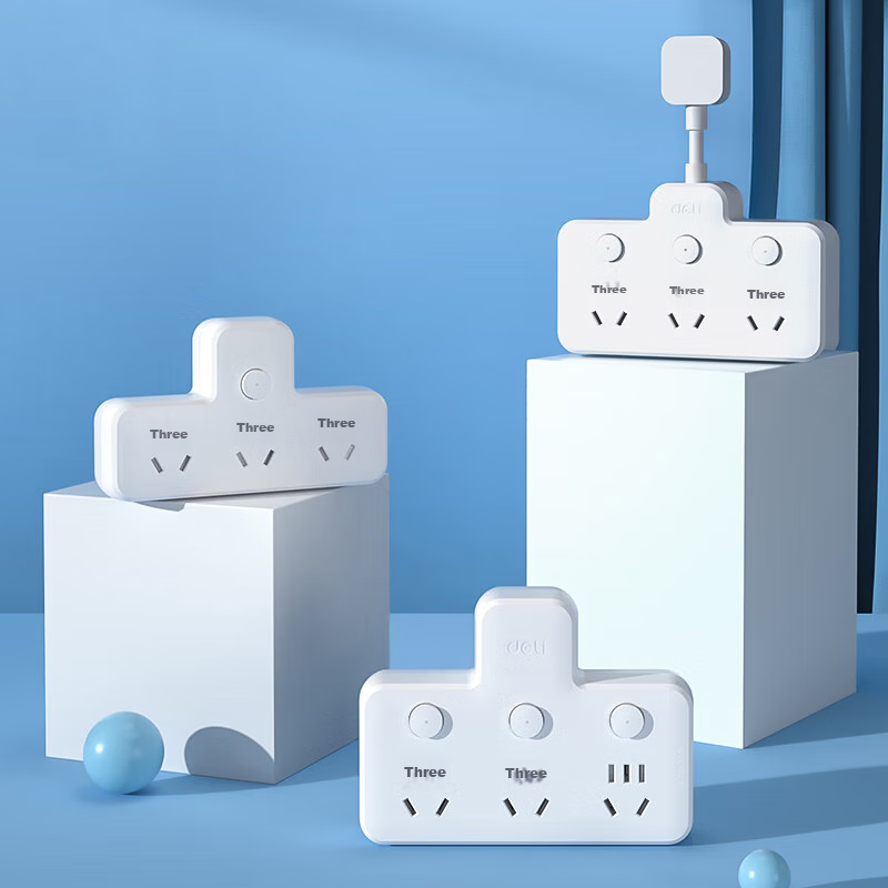 Deli Socket Adapter, Power Plug Converter, Dormitory Power Strip, Character-Shaped Extension Socket, Master Control Wireless One-To Converter Socket, 3-Outlet LU5001