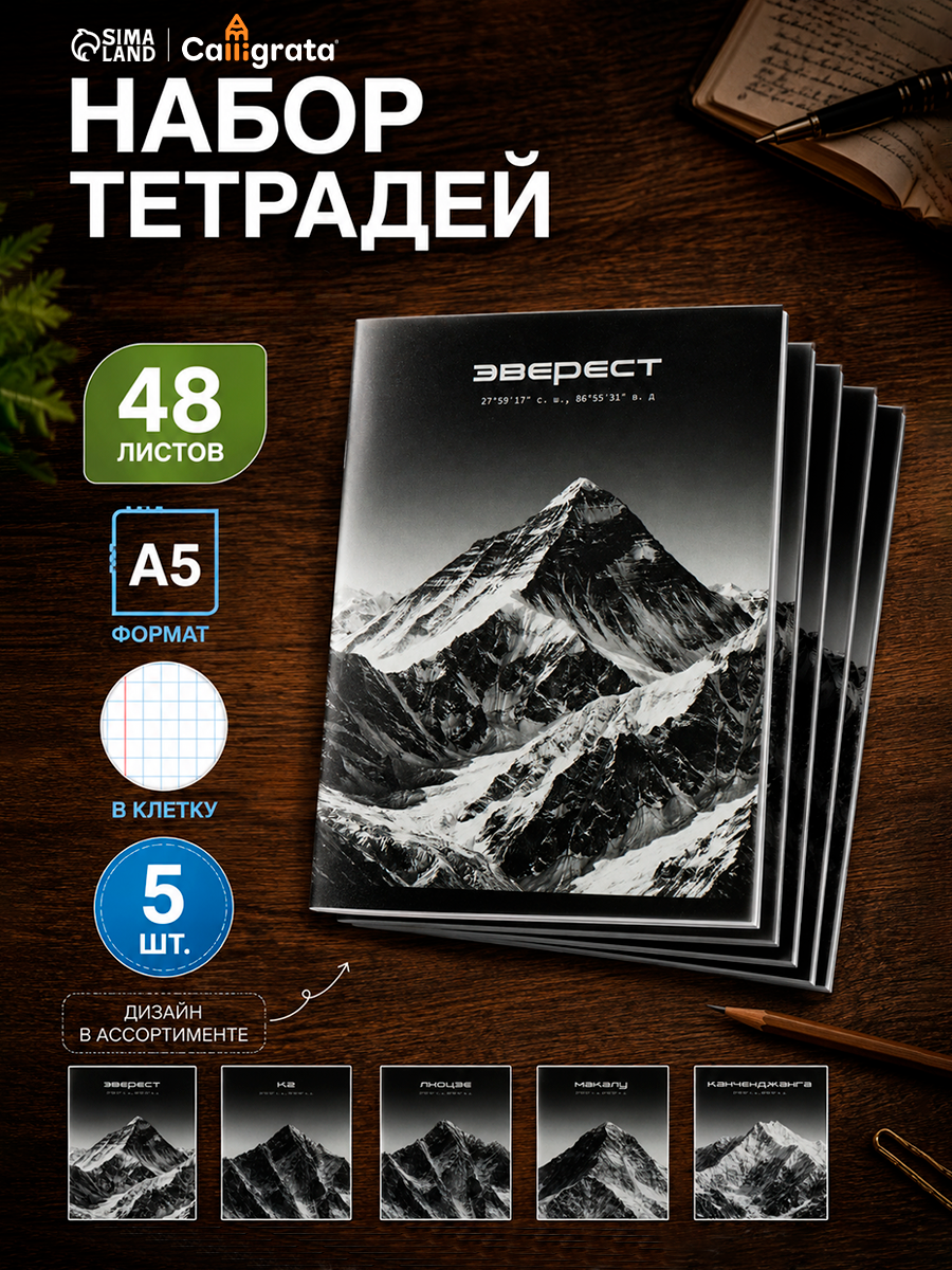 Комплект тетрадей 5 штук, 48 листов в клетку Calligrata «Горы», 5 видов