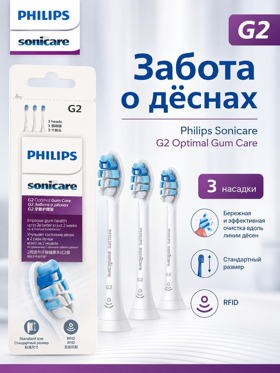Сменные насадки для зубной щётки Philips Sonicare HX9033/67 G2, уход за дёснами, набор 3 шт