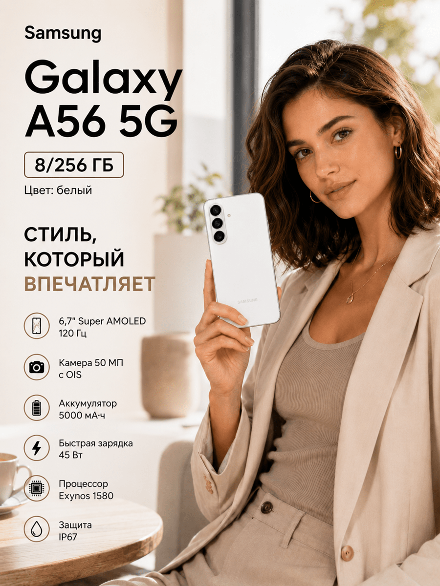 Смартфон Samsung Galaxy A56 5G 8/256 ГБ, Dual SIM, NFC, Super AMOLED 120 Гц, IP67, Белый（A56-A566E/DS）