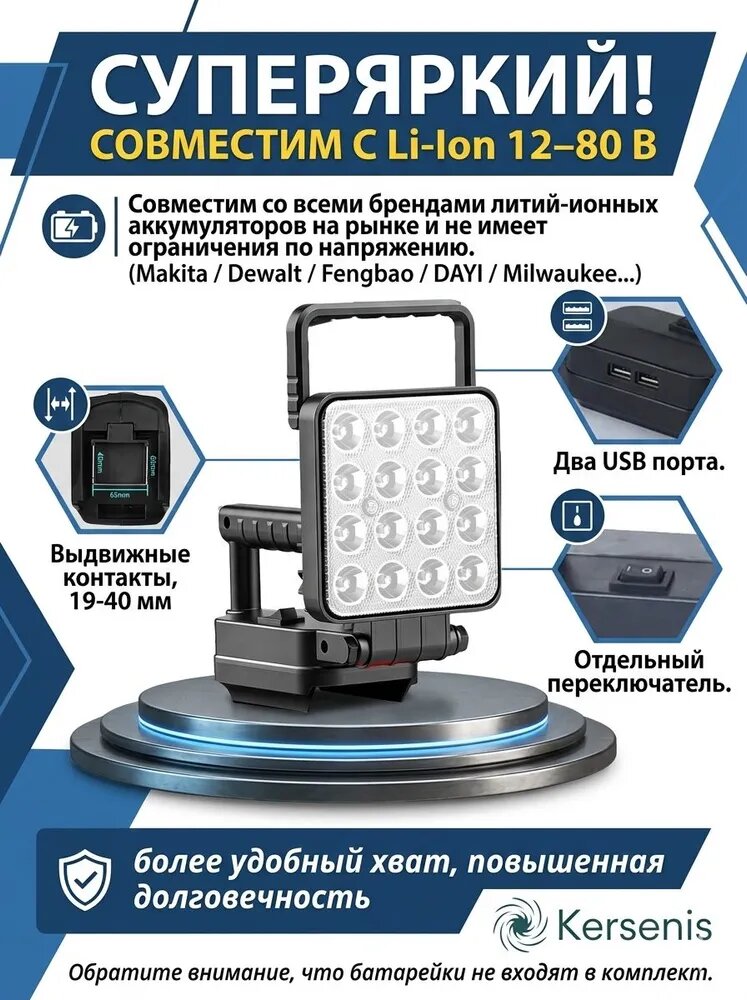 Светодиодный фонарь-прожектор Kersenis MCDEB-18V, 3600 Лм, USB зарядка, IP65, без АКБ и ЗУ