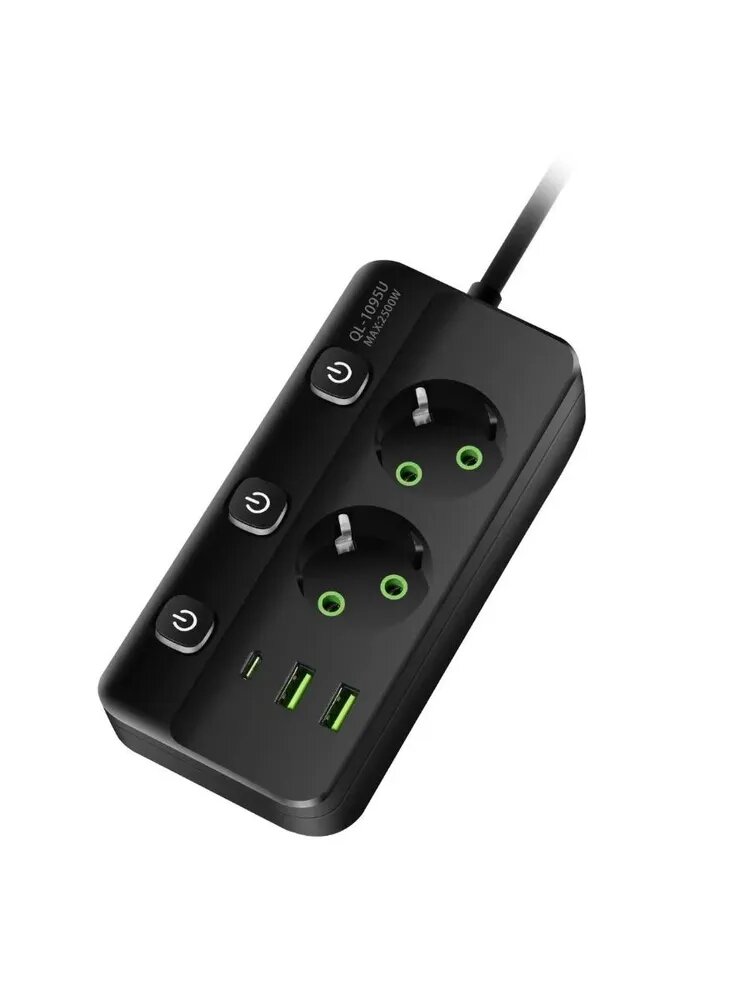Удлинитель Сетевой,2 Розетки, Сетевой Фильтр С 2 Usb И 1 Type-C, Кабель 2 Метров