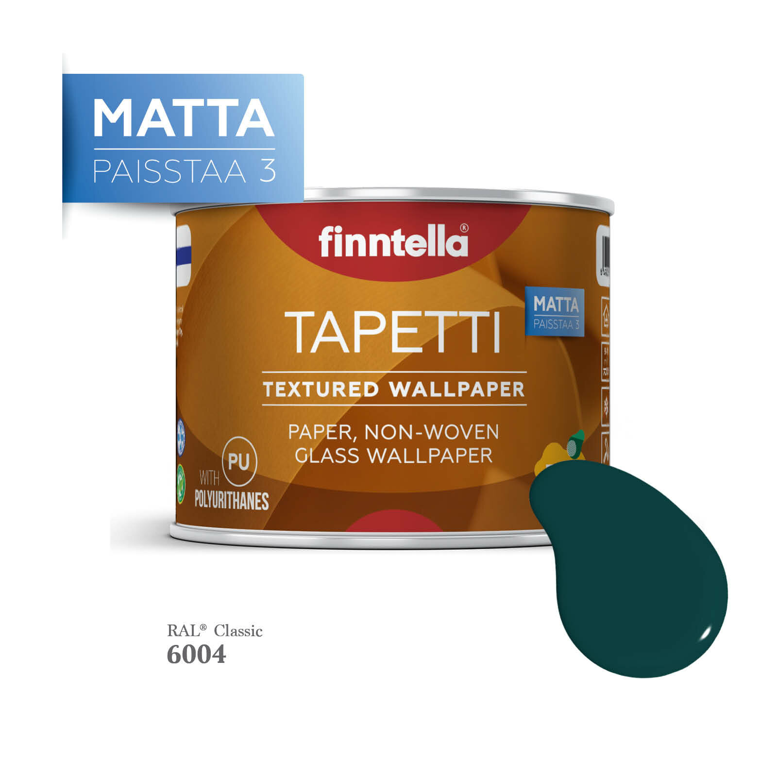 Матовая краска для обоев под окраску TAPETTI Matta FINNTELLA, Цвет RAL 6004 Сине-зеленый (Blue green), 0,45л