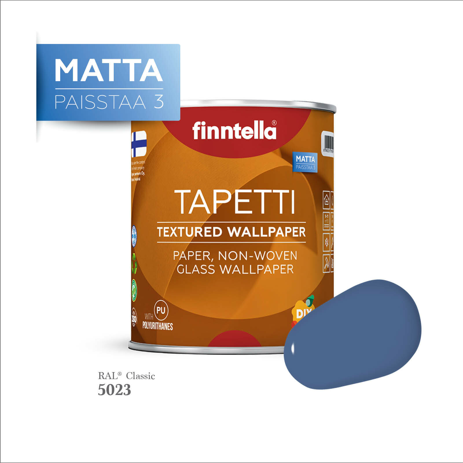 Матовая краска для обоев под окраску TAPETTI Matta FINNTELLA, Цвет RAL 5023 Отдаленно-синий (Distant blue), 0,9л