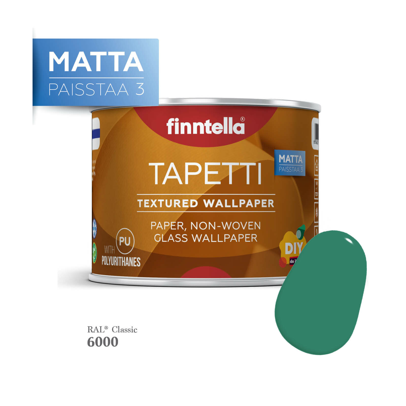 Матовая краска для обоев под окраску TAPETTI Matta FINNTELLA, Цвет RAL 6000 Патиново-зеленый (Patina green), 0,45л
