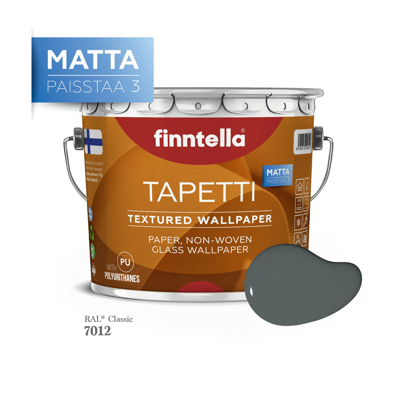 Матовая краска для обоев под окраску TAPETTI Matta FINNTELLA, Цвет RAL 7012 Базальтово-серый (Basalt grey), 2,7л