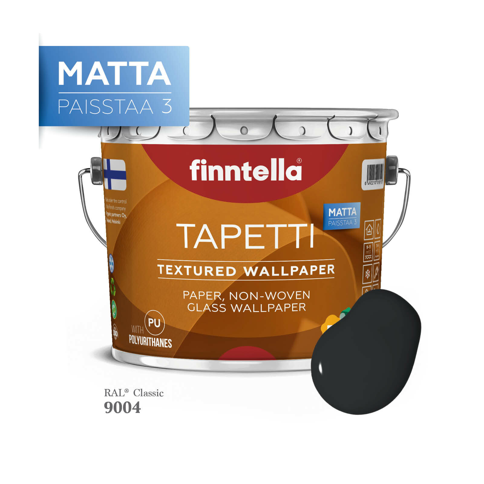 Матовая краска для обоев под окраску TAPETTI Matta FINNTELLA, Цвет RAL 9004 Сигнальный черный (Signal black), 2,7л