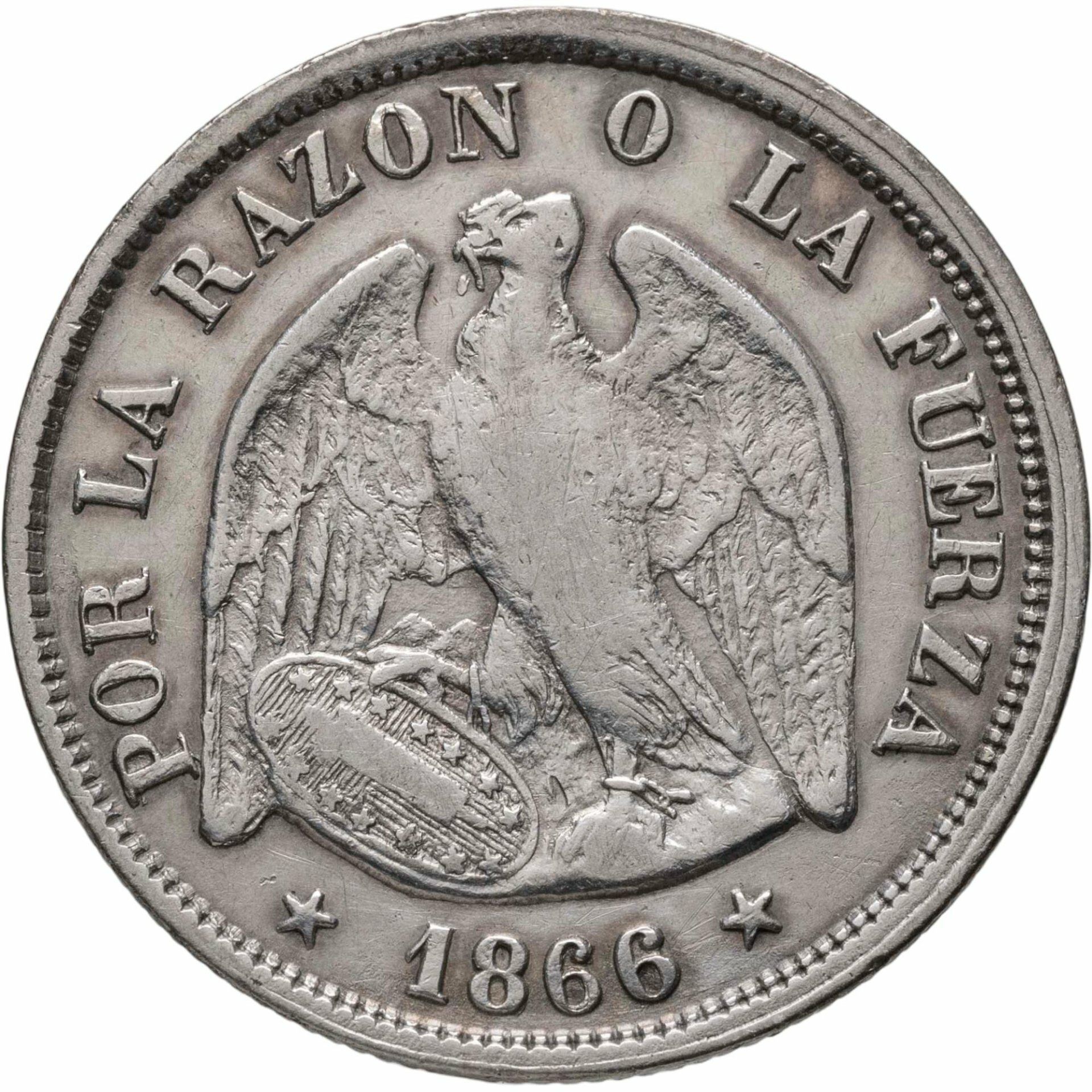 Чили 20 сентаво centavos 1866, Серебро 900, в сохранности VF-XF