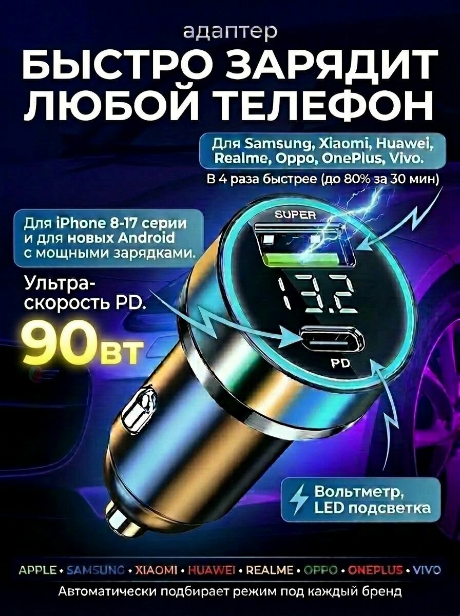 Адаптер в прикуриватель: зарядка в прикуриватель быстрая для телефона USB Super + Type-C PD30 usb type-c порт питание от прикуривателя зарядка для телефона pd 30w