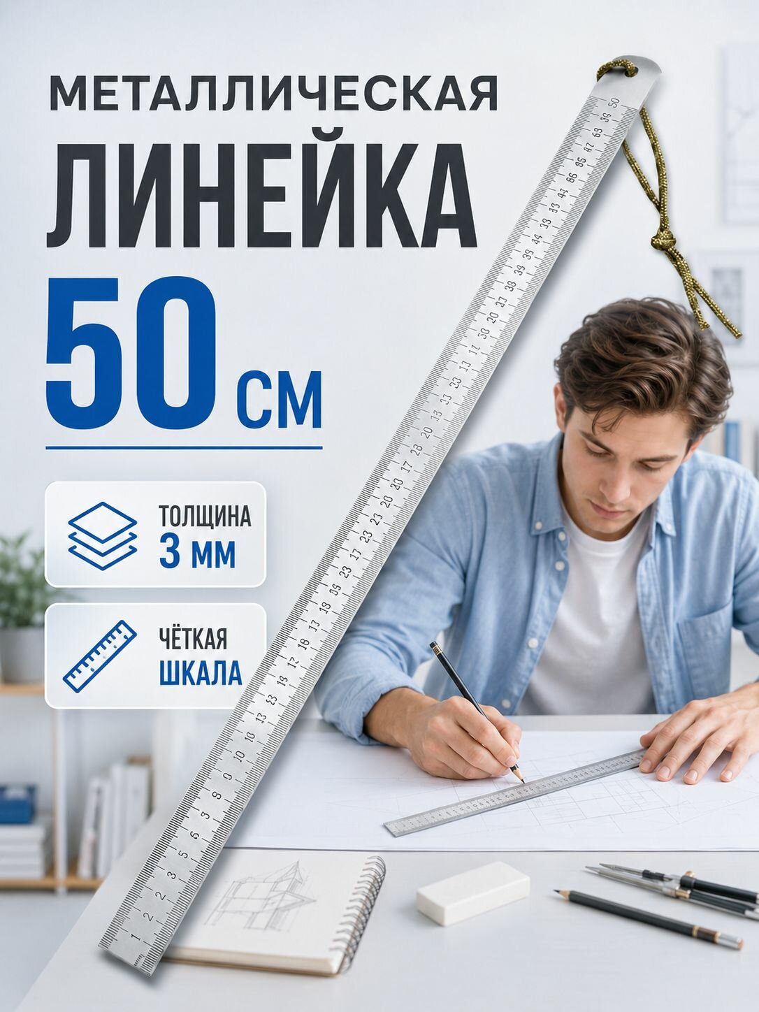Линейка металлическая 50 см металлическая