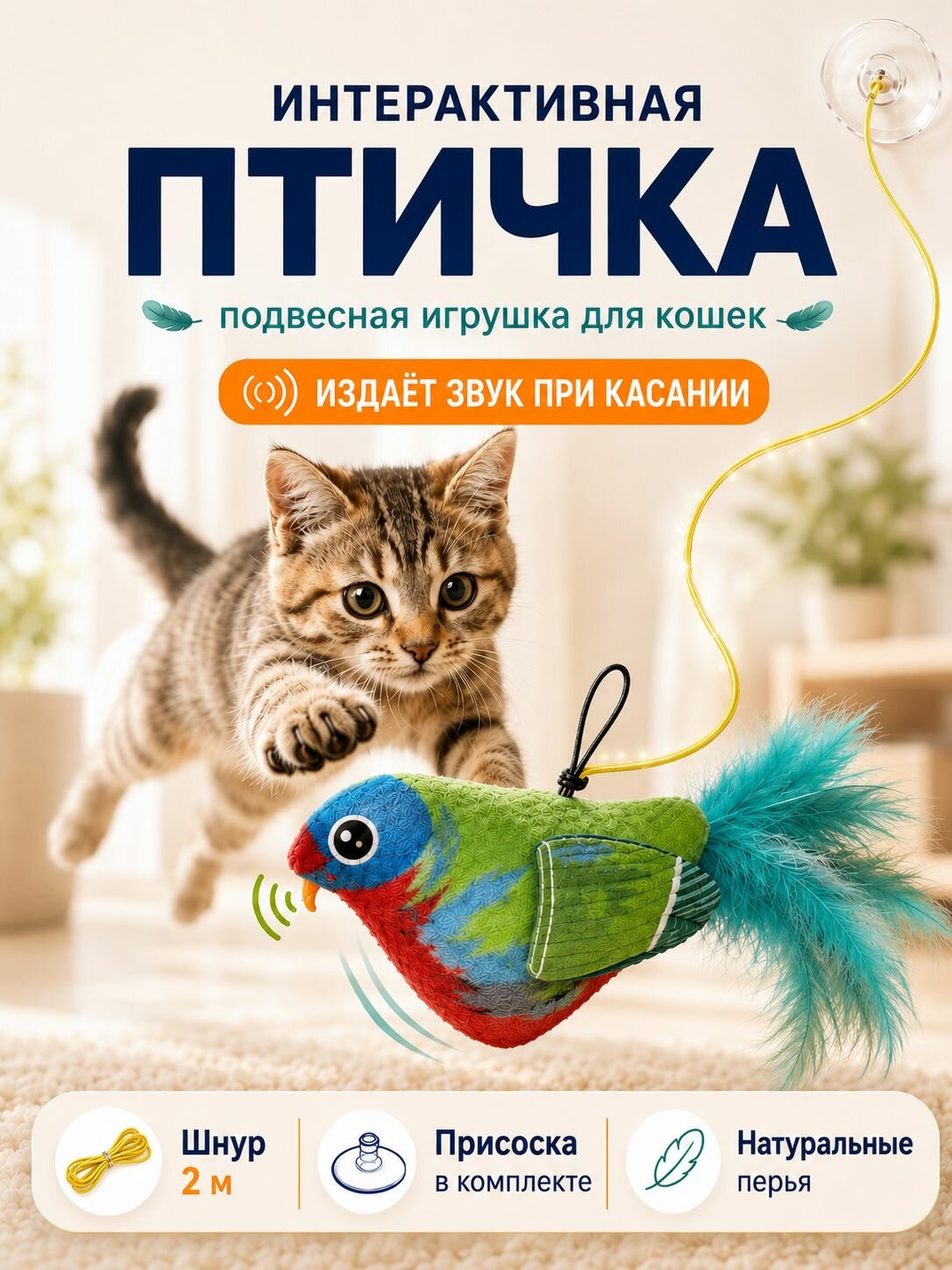 Птичка для кошек игрушка-дразнилка, со звуком, на присоске, зеленая