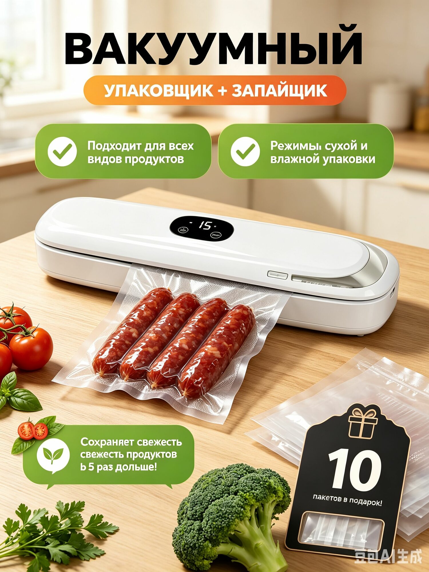 Вакууматор для продуктов без резака, с пакетами, вакуумный упаковщик вакуумирование продуктов упаковка продуктов