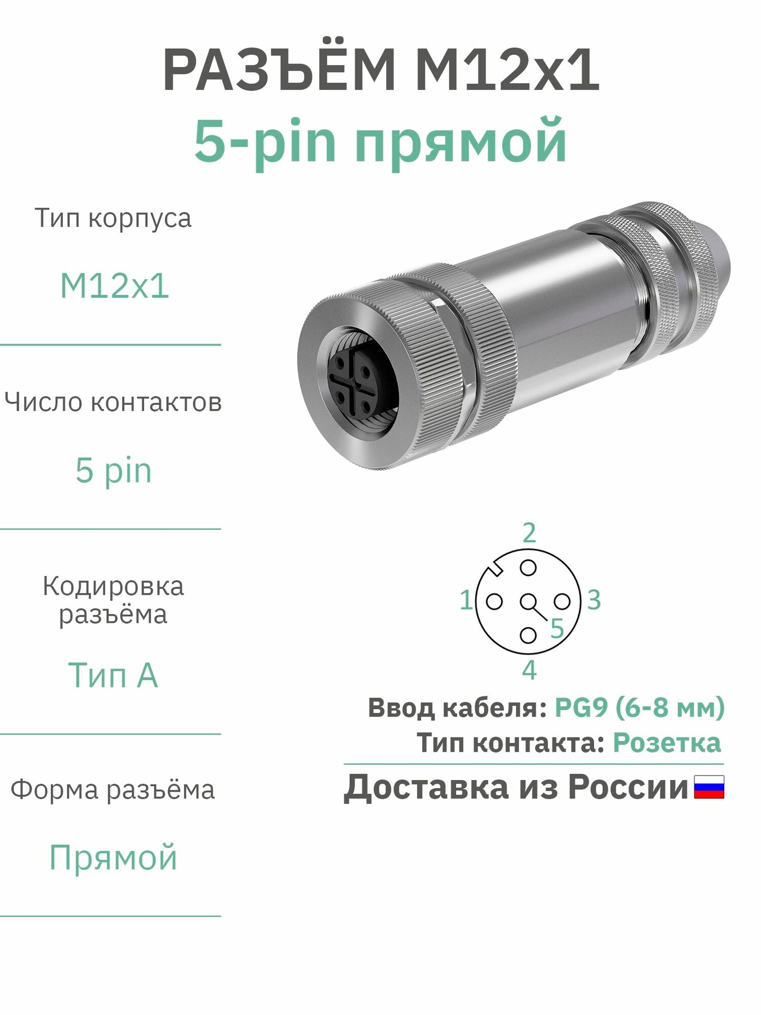 RAZM-F12-C5-PG9-LT разъём M12 Ethernet 5 pin прямой / розетка (мама) / PG9 (6-8 мм диаметр под кабель)