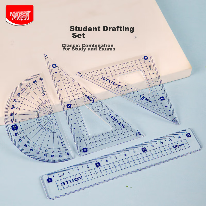 Maped Student Ruler Set 4-Piece Straight Ruler Triangle Ruler Protractor Drawing Measuring Tool Plastic 15cm Wave Ruler for Elementary School Students Exam Stationery Back to School 981739CH