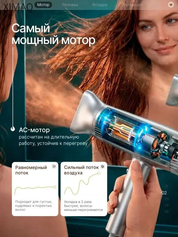 Фен для волос 121 3000 Вт, скоростей 2, кол-во насадок 1, серый металлик