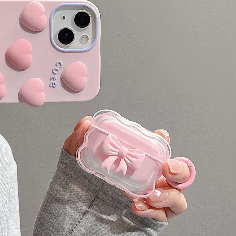 Прозрачный TPU-чехол для беспроводных наушников с розовым 3D-бантом, ударопрочный, с защитой от царапин