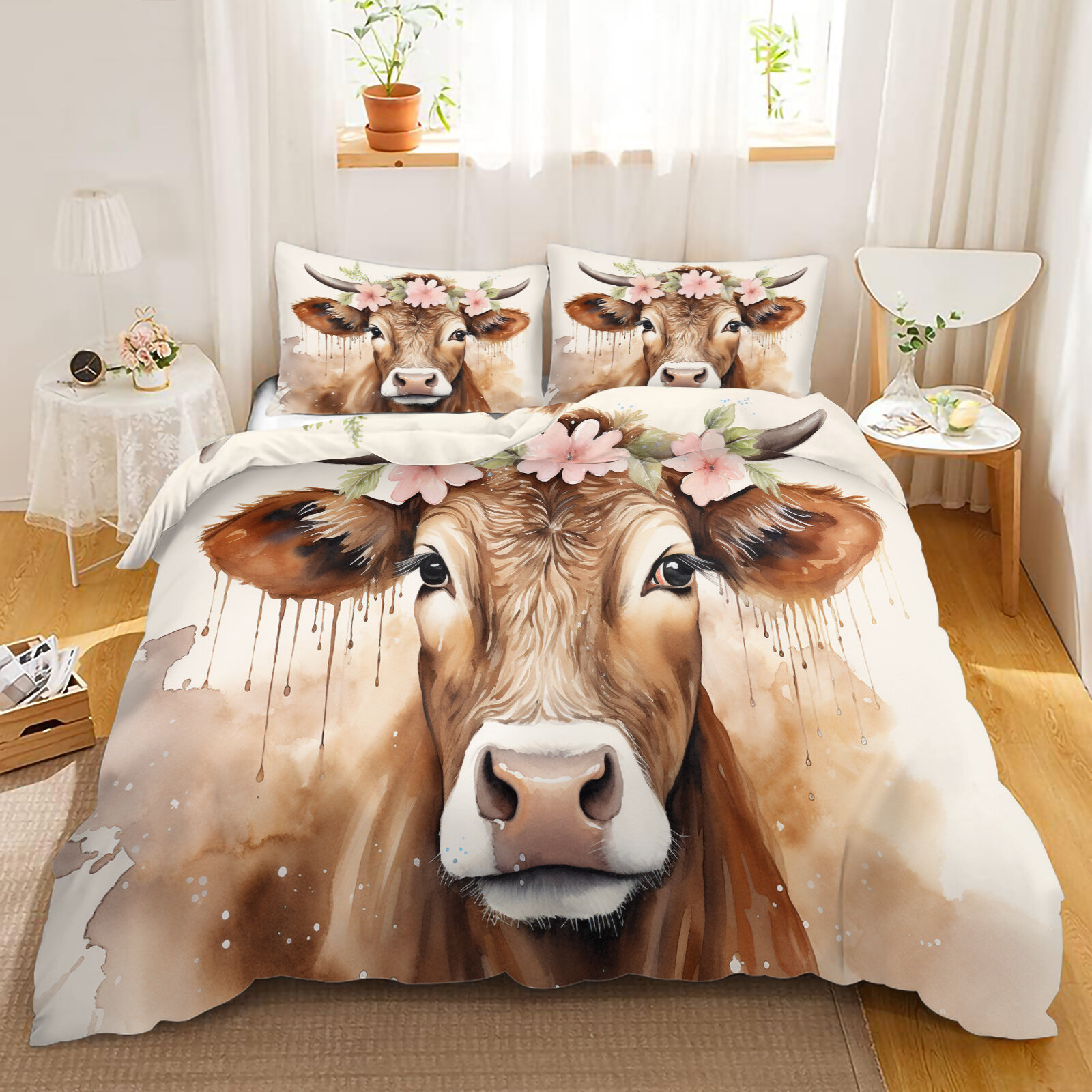 Хайлендская Корова Комплект постельного белья 1.5/2-сп/Евро 175x215cm Коричневая Корова Mикрофибра 2 наволочки 70х70