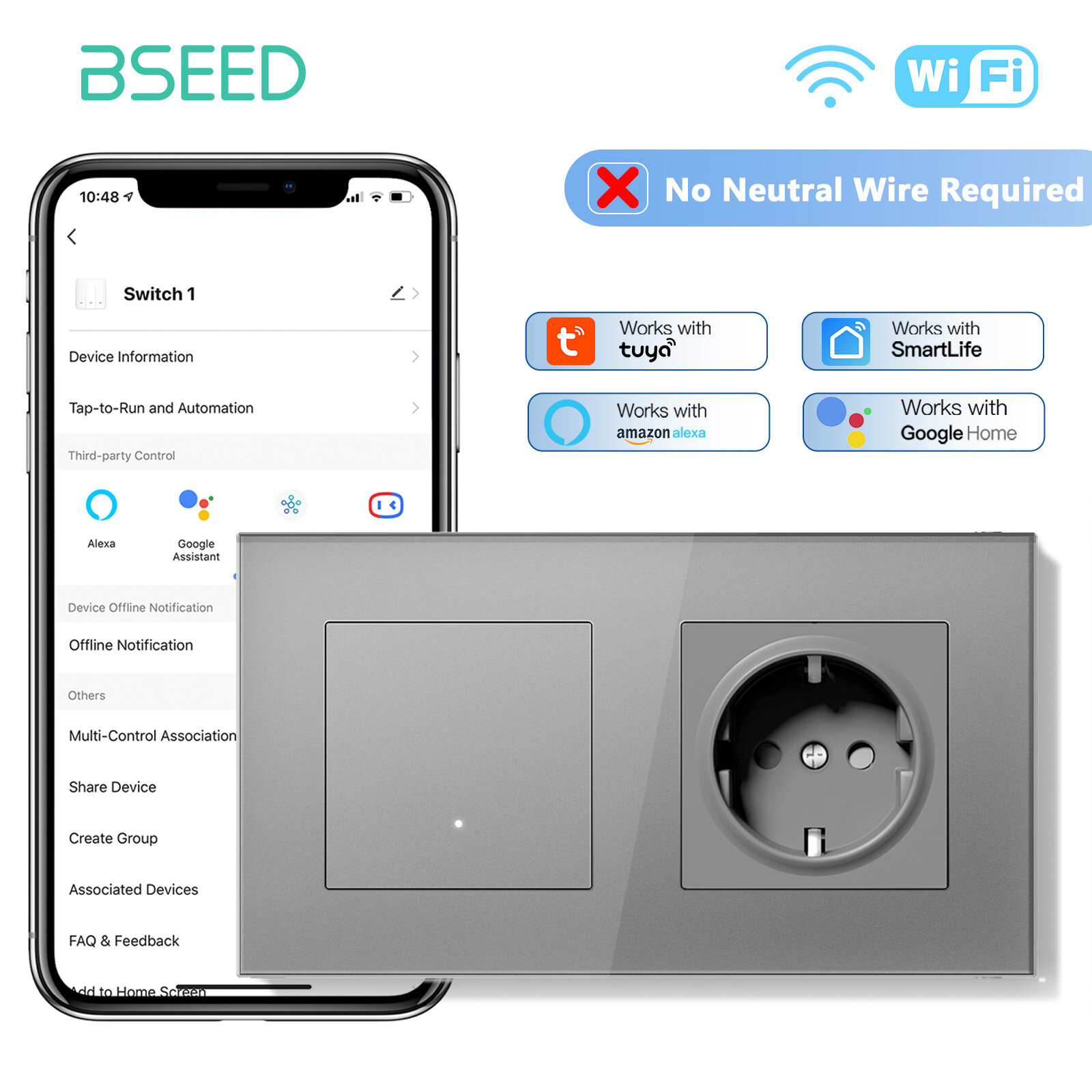 Умный выключатель без нуля WIFI с розеткой , Серия E - CLICK