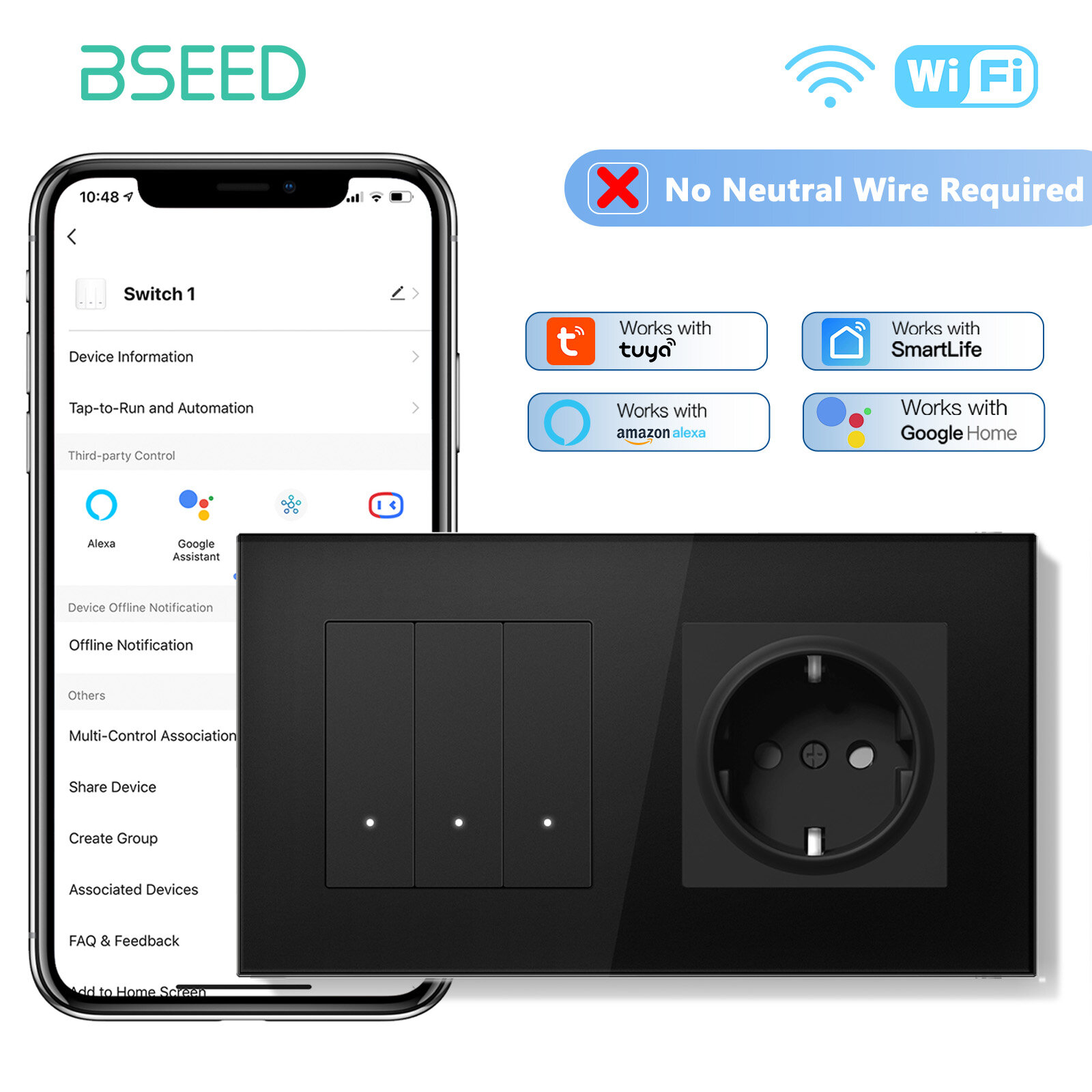 Умный выключатель без нуля WIFI с розеткой , Серия E - CLICK