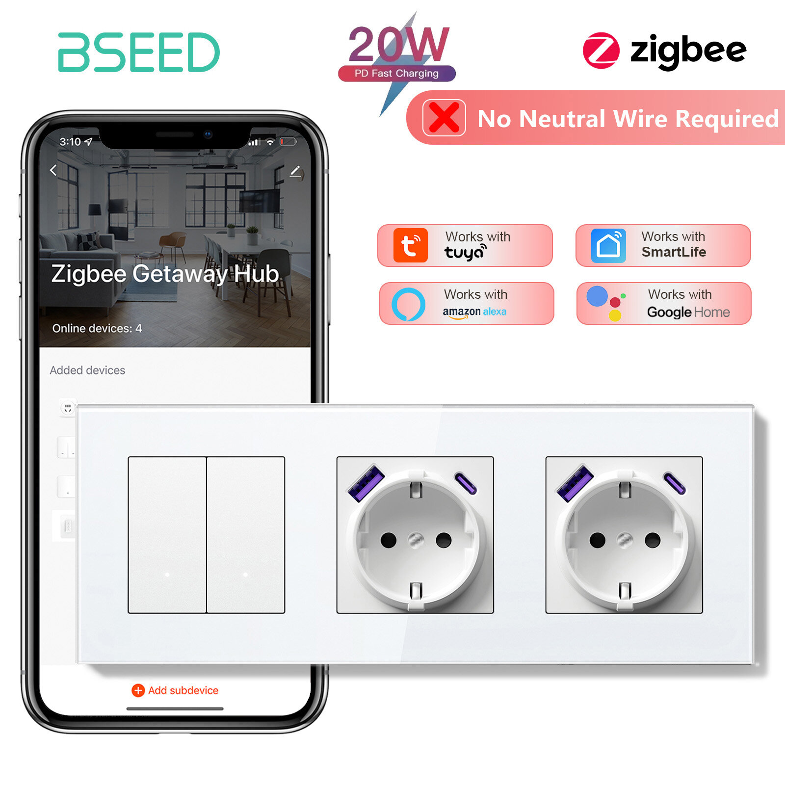 Умный выключатель Без нуля c Алисой, Легко нажать, ZIGBEE, 3 поста (2+2 розетка 20W), стеклянная рамка, 228mm