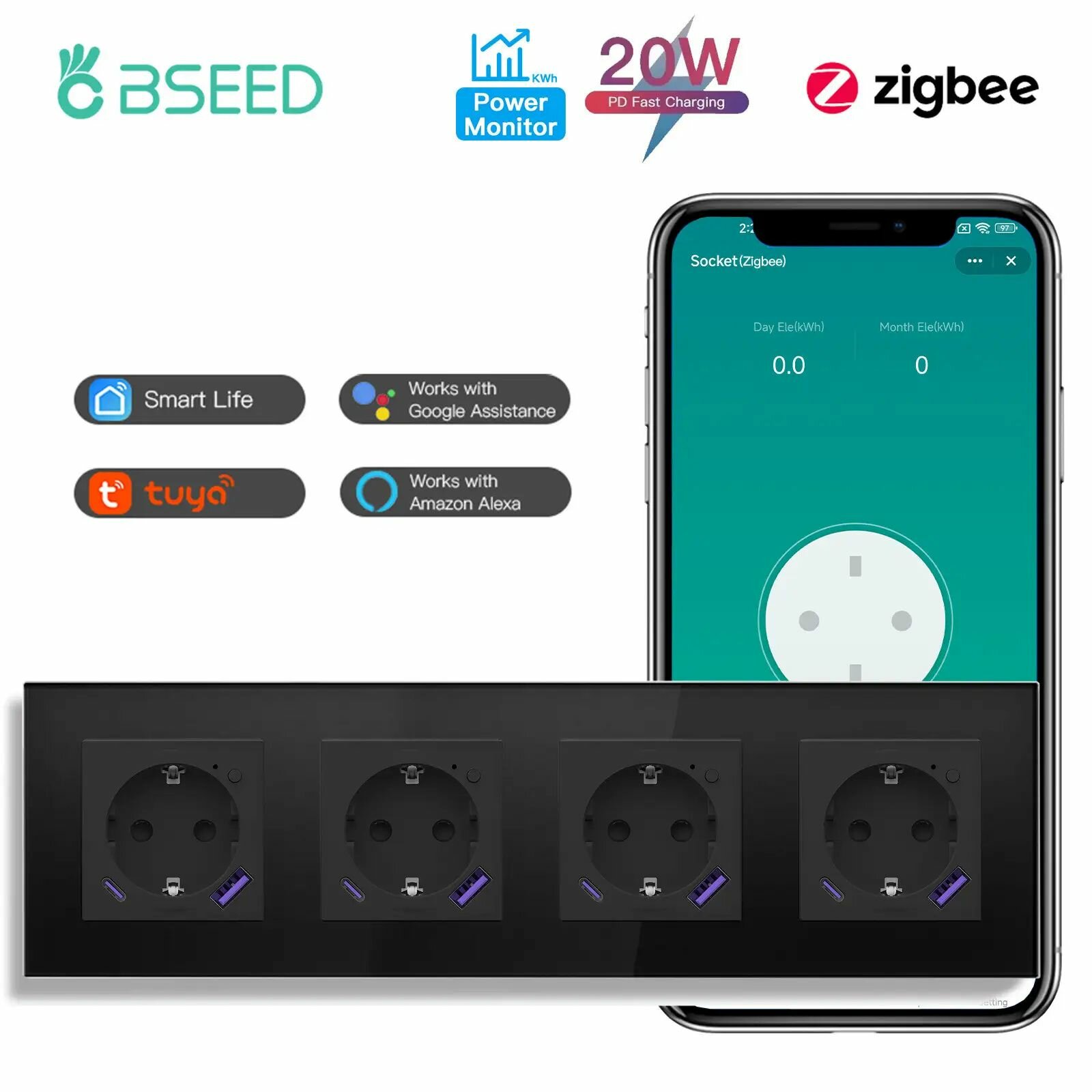 Умная ZIGBEE-розетка с быстрой зарядки 20 Вт через USB и Type-C мониторинг потребления, серия E-TOUCH, стеклянная рамка