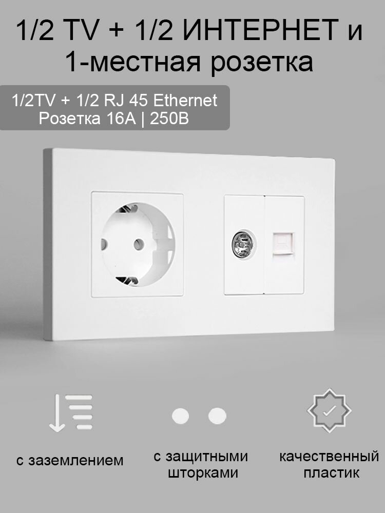 Розетка двойная белый с заземлением для тв и RJ 45 Ethernet, 157*86MM пластиковый корпус.
