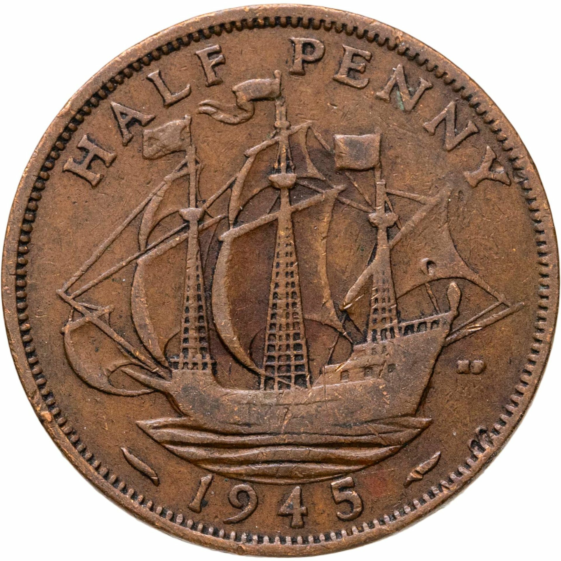 Великобритания 1/2 пенни penny 1945, Бронза, в сохранности VF