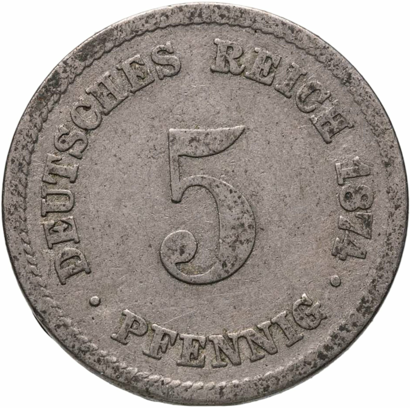 Германия 5 пфеннигов pfennig 1874 A знак монетного двора: "A" - Берлин, Мельхиор медь-никель, в сохранности VF