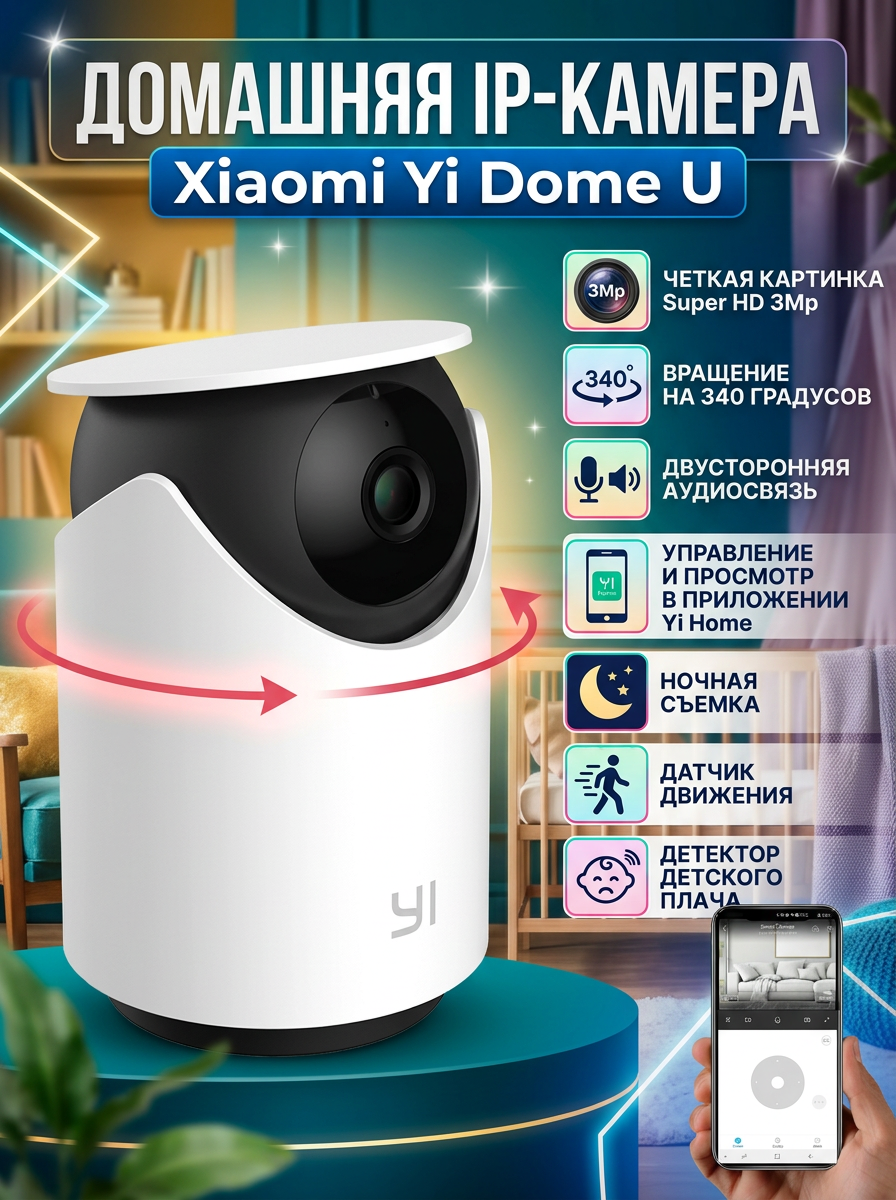 Камера наблюдения Xiaomi YI Dome Camera U 3Mp для дома, Датчик движения/звука, Аудиосвязь, Ночной режим, Гарантия 6 мес