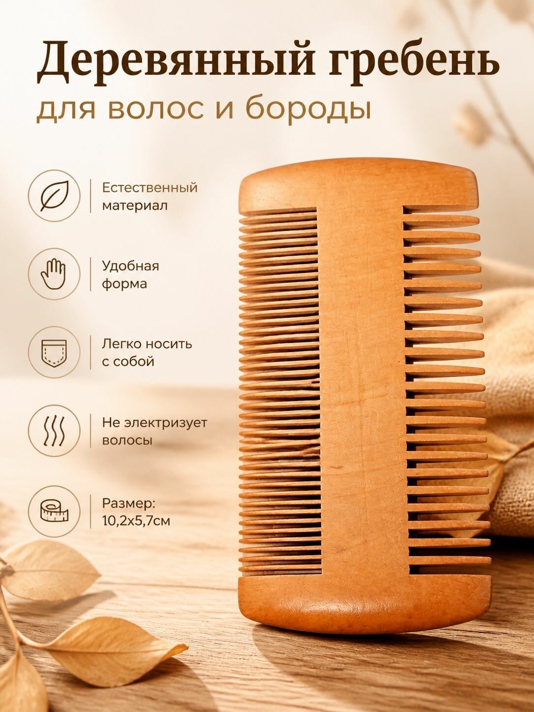 Гребень деревянный для волос, гребешок двухсторонний для бороды из высококачественного дерева.