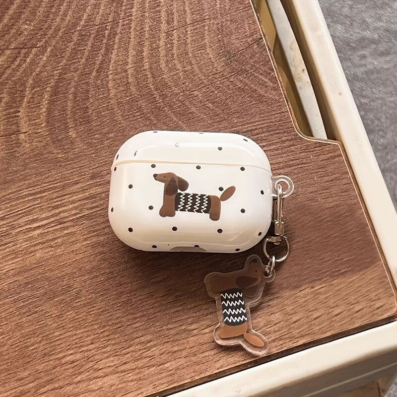 Чехол для наушников AirPods 1/2, белый, с рисунком такса в горошек и подвеской