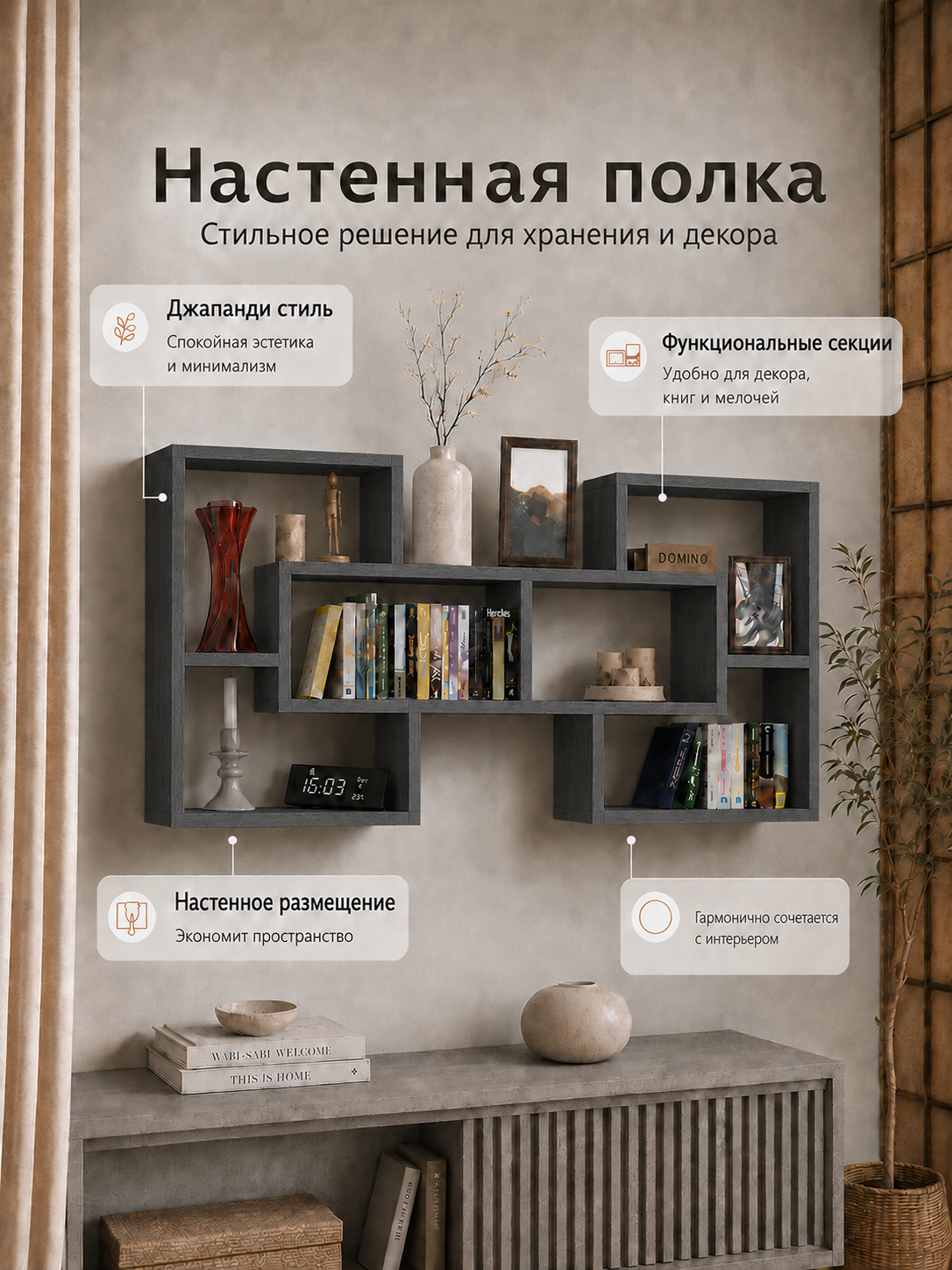Полка настенная навесная для книг и декора 115 см