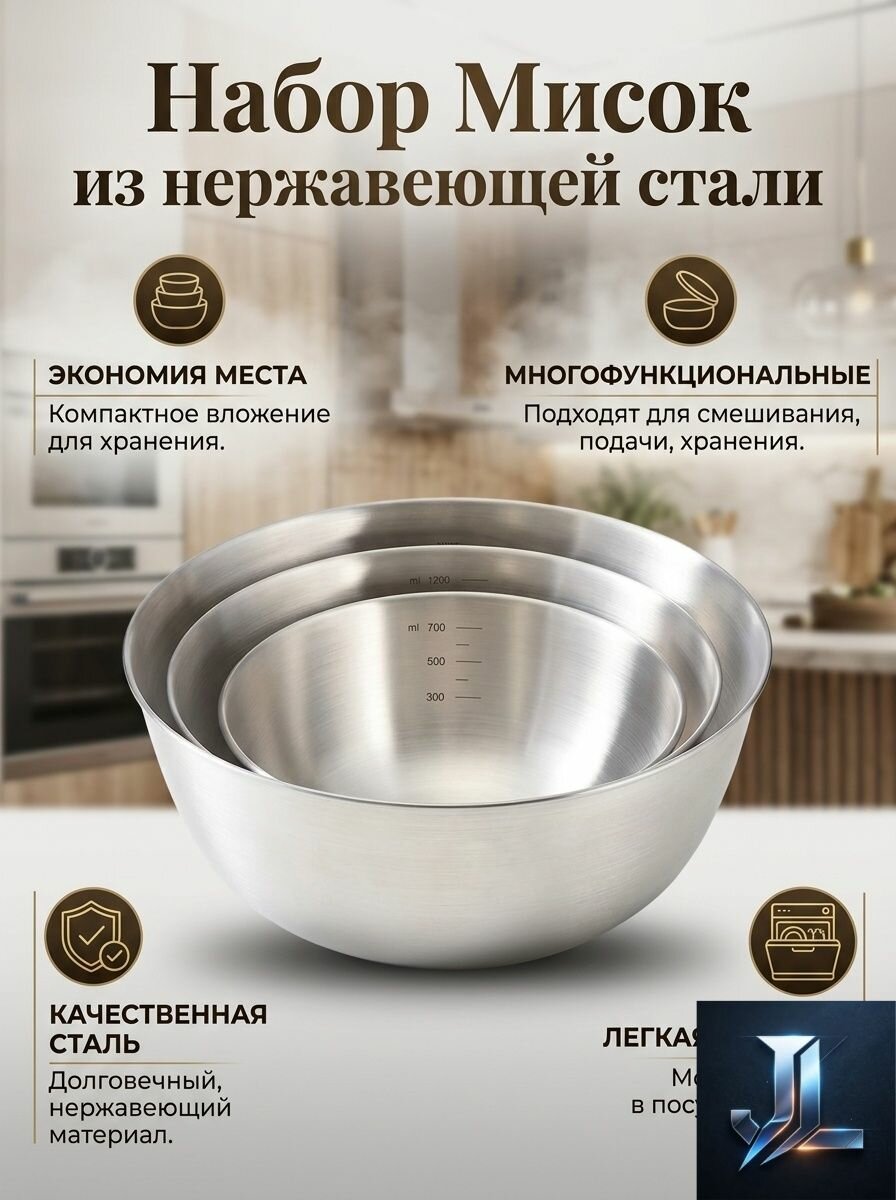 Салатник 22 см 700 мл, 1200 мл, 2000 мл 3 шт серый металлик