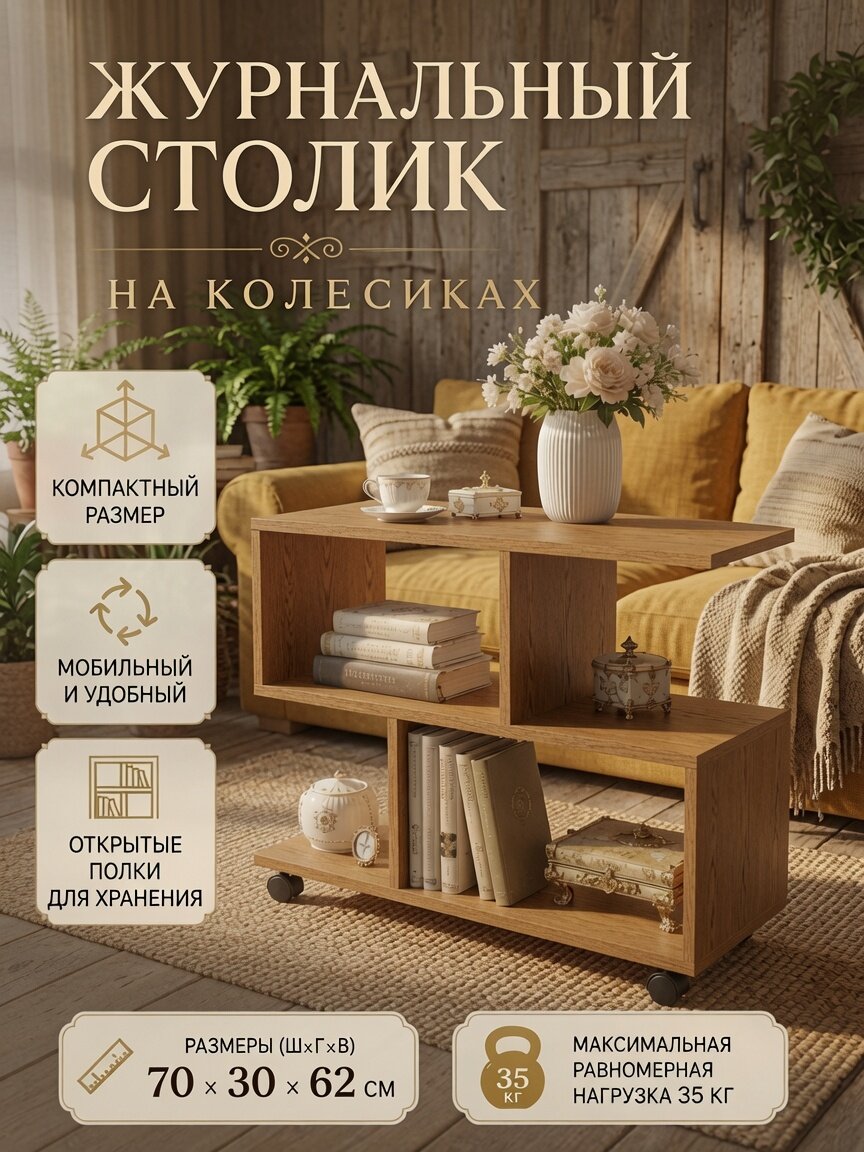 Журнальный столик на колесиках светлый 70х30х62 с полками