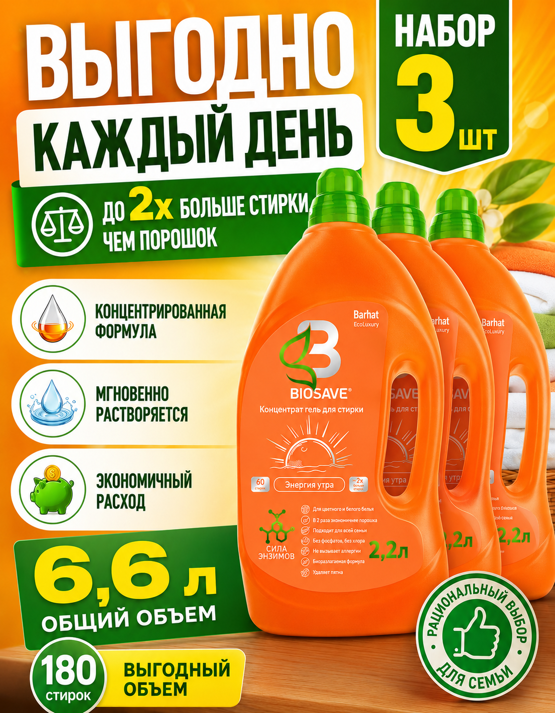 Гель для стирки ручной BIOSAVE Бархат EcoLuxury 2.2 л