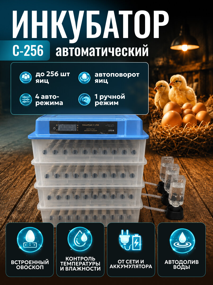 Инкубатор для яиц автоматический SteadFast С-256, 256 яиц, автоповорот, овоскоп, автодолив, гигрометр, терморегулятор, 220/12В, интеллектуальное управление
