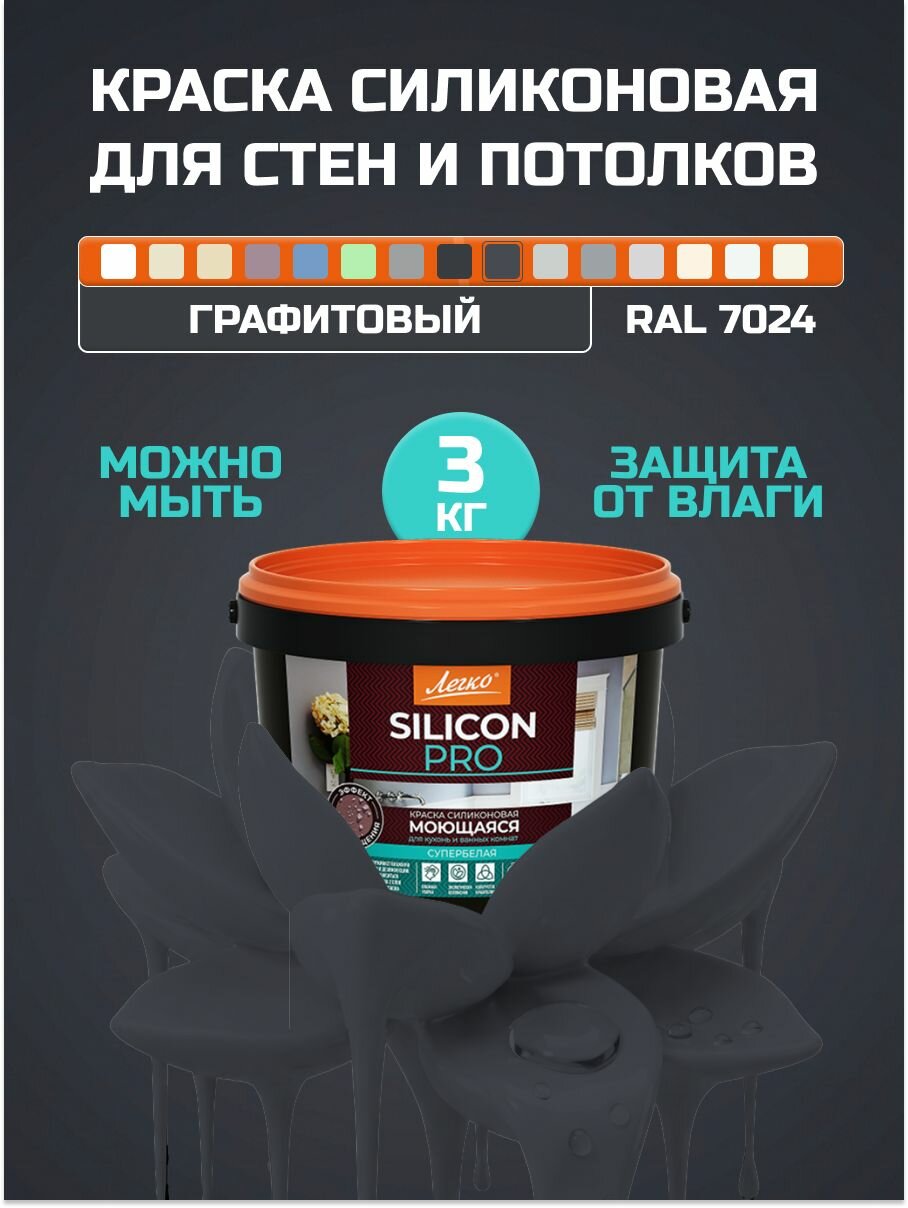 Силиконовая моющаяся краска для стен и обоев Легко, для ванной комнаты, матовая, RAL 7024 Графитовый3 кг
