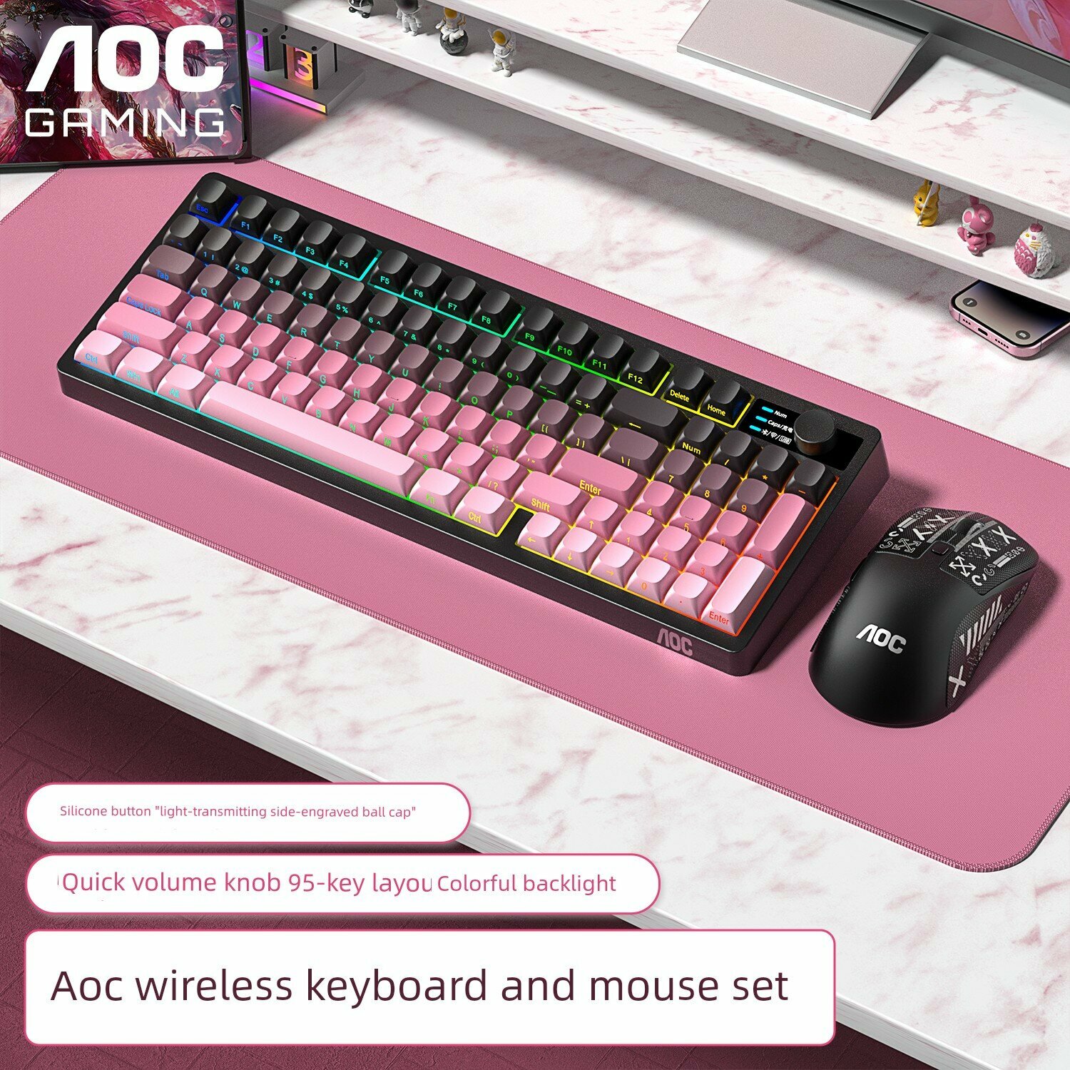 AOC GK220 набор беспроводная клавиатура + мышь с ковриком, цвет малиновый розовый