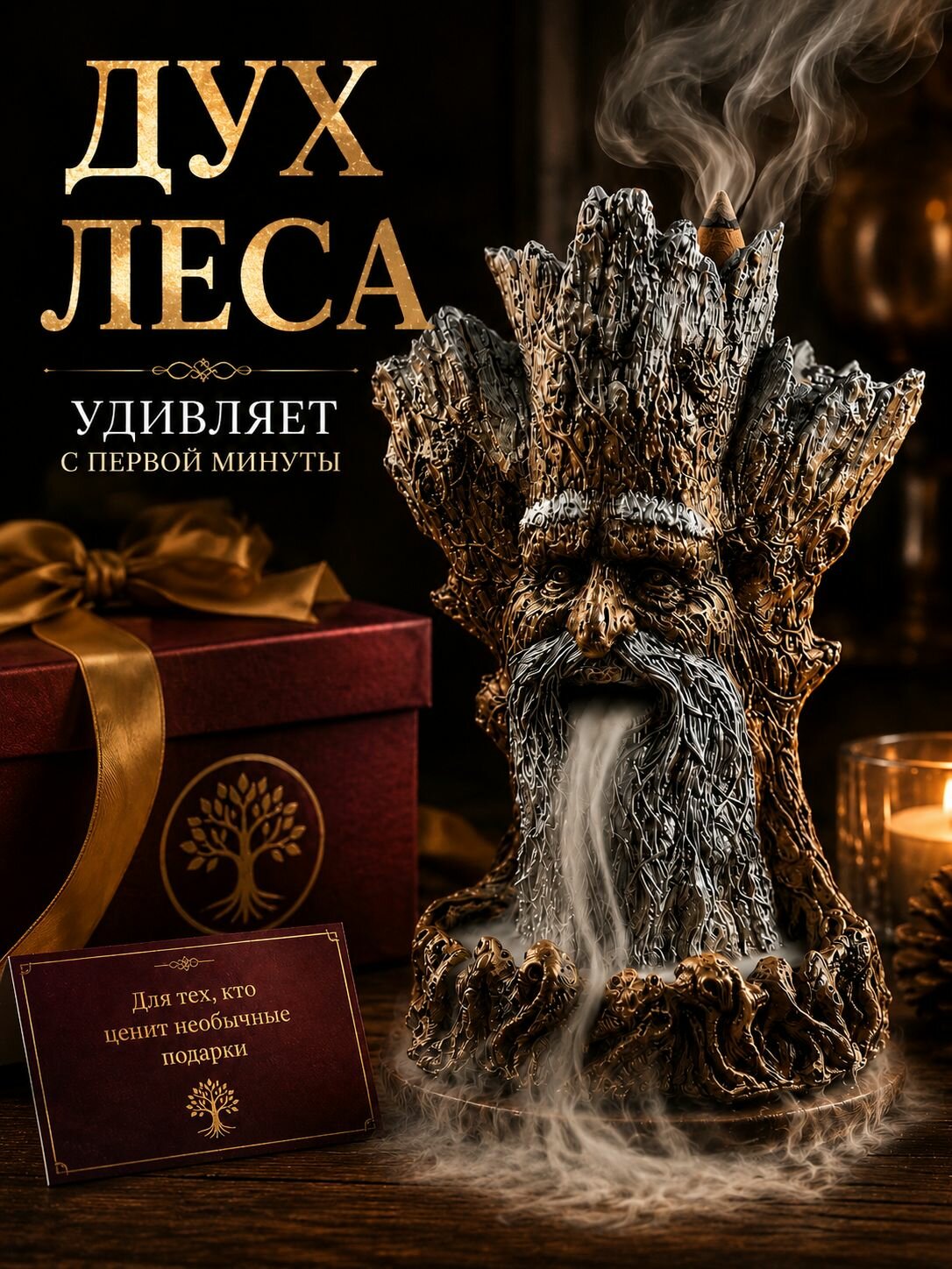 Подставка для благовоний и свечей мудрый Лесовик с дымом изо рта