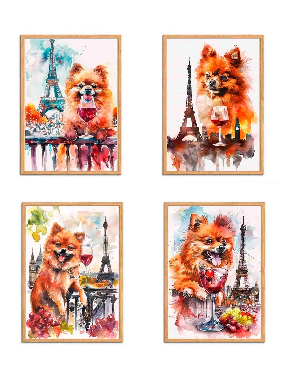 Померанский шпиц Пьет Вино, 4 Плаката, 30x21см