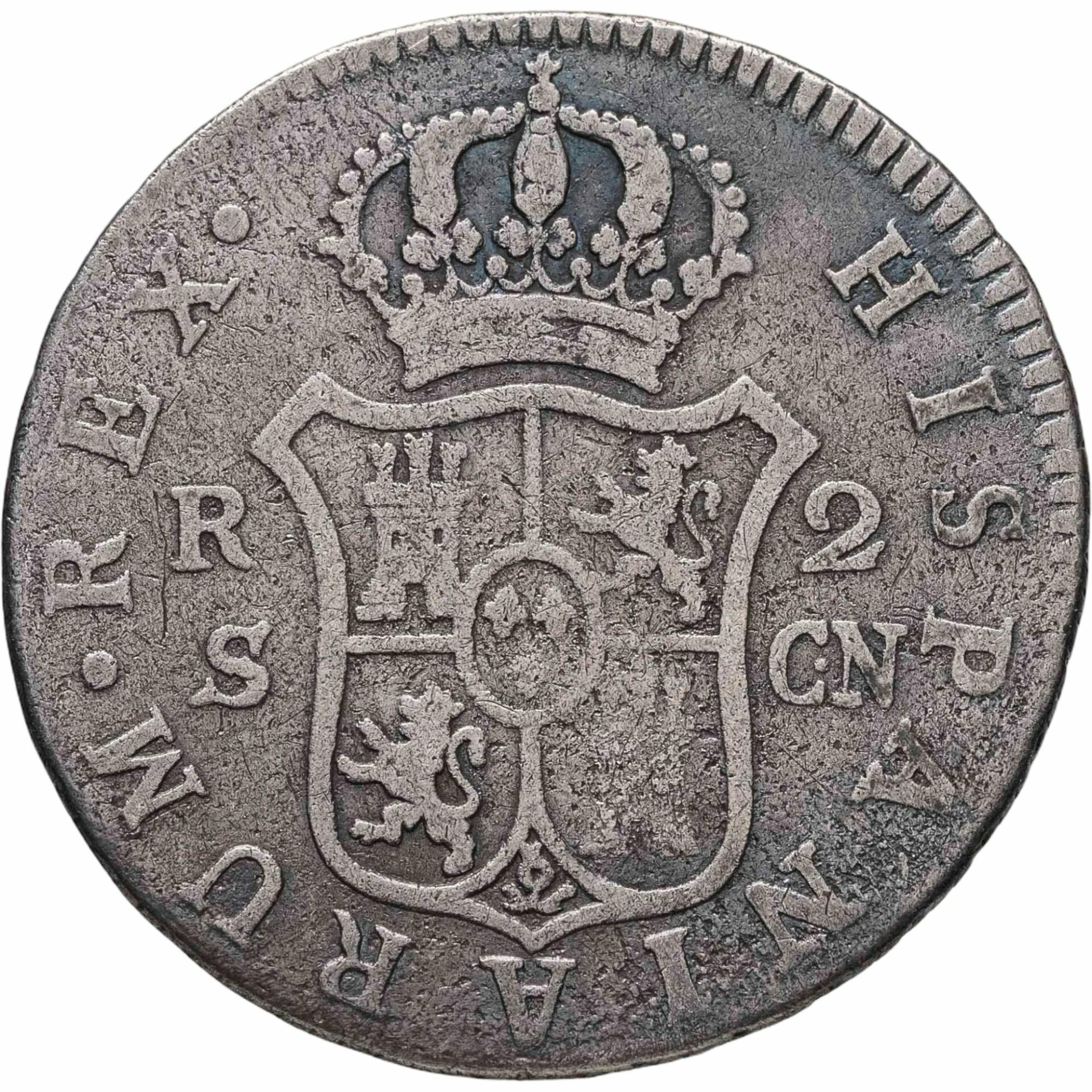 Испания 2 реала 1799 Король Карл IV, знак монетного двора "S" - Севилья, Серебро 812, в сохранности F-VF