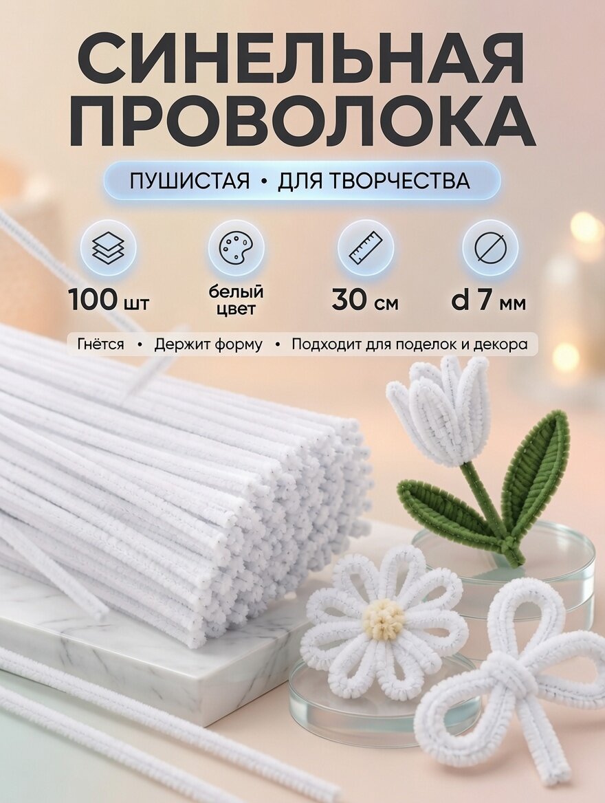 Синельная проволока белая 100 шт пушистая для творчества