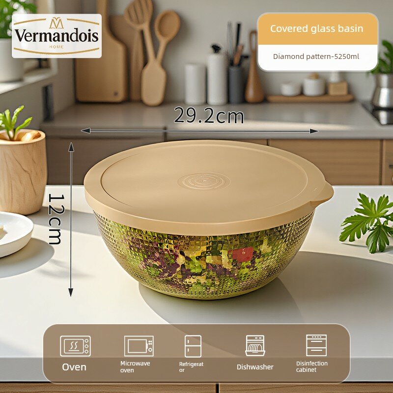 Стеклянная миска с диамантовым узором 5,25 л, для печи и микроволновки, с герметичной крышкой