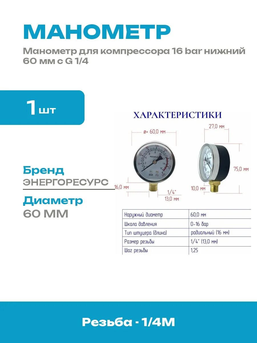 Манометр давления воздуха 16 bar радиальный с резьбой G 1/4