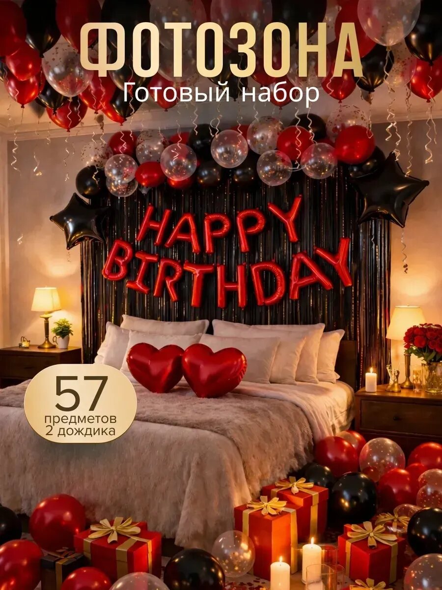 Воздушные шары фотозона Happy Birthday, набор, красно-черный