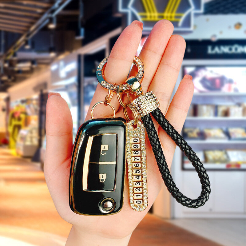 Складной чехол для ключа автомобиля Nissan с черной бриллиантовой стропой и золотой номерной табличкой, черный,
