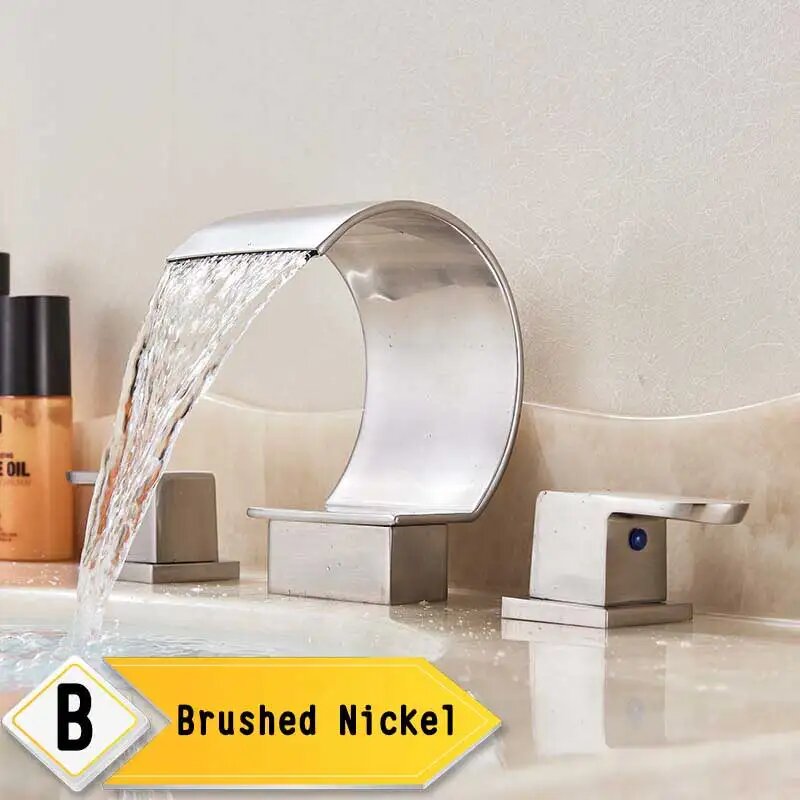 Кран для раковины в ванную комнату с двумя хрустальными ручками "Bright Golden Waterfall Basin" с широким расположением, монтируемый на раковину, смесительный кран для ванны, обработанный никелем (матовый) B